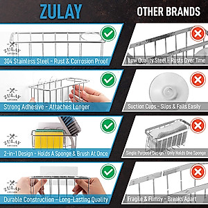 Zulay 2-in-1 Sponge Holder for Sink - Stainless Steel Kitchen Sink Sponge Holder with Extra Strong Adhesive - Rust Proof Dish Brush Holder & Dish Sponge Holder - Solid Sponge Caddy Sink Organizer