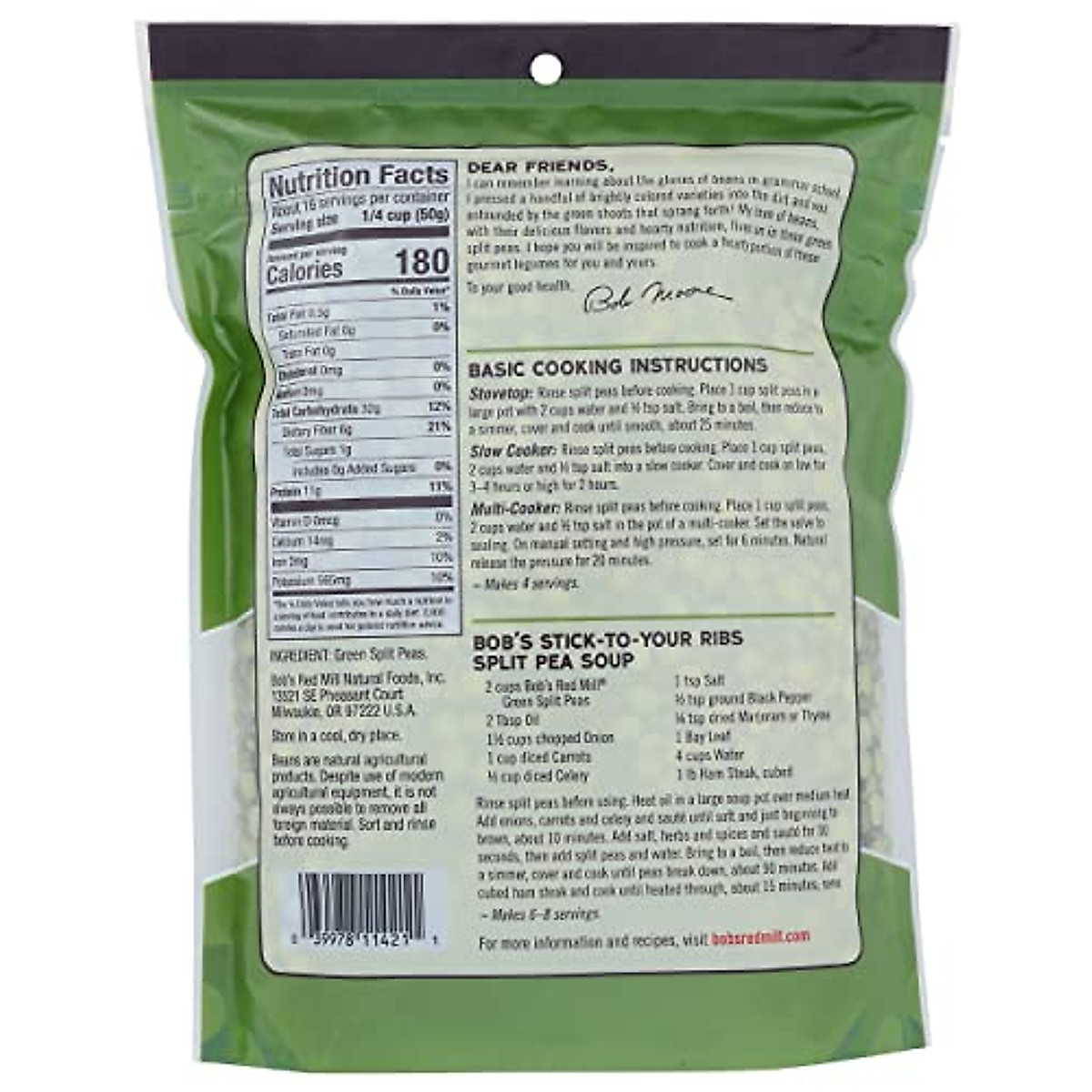 Bobs Red Mill Green Split Peas, 29 OZ