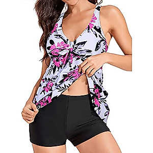 Yonique Women 2 Piece Flowy Tankini Swimsuits with Boyshorts V Neck Swim Tank Tops Bathing Suits Modest Swimwear Pink Flower XL