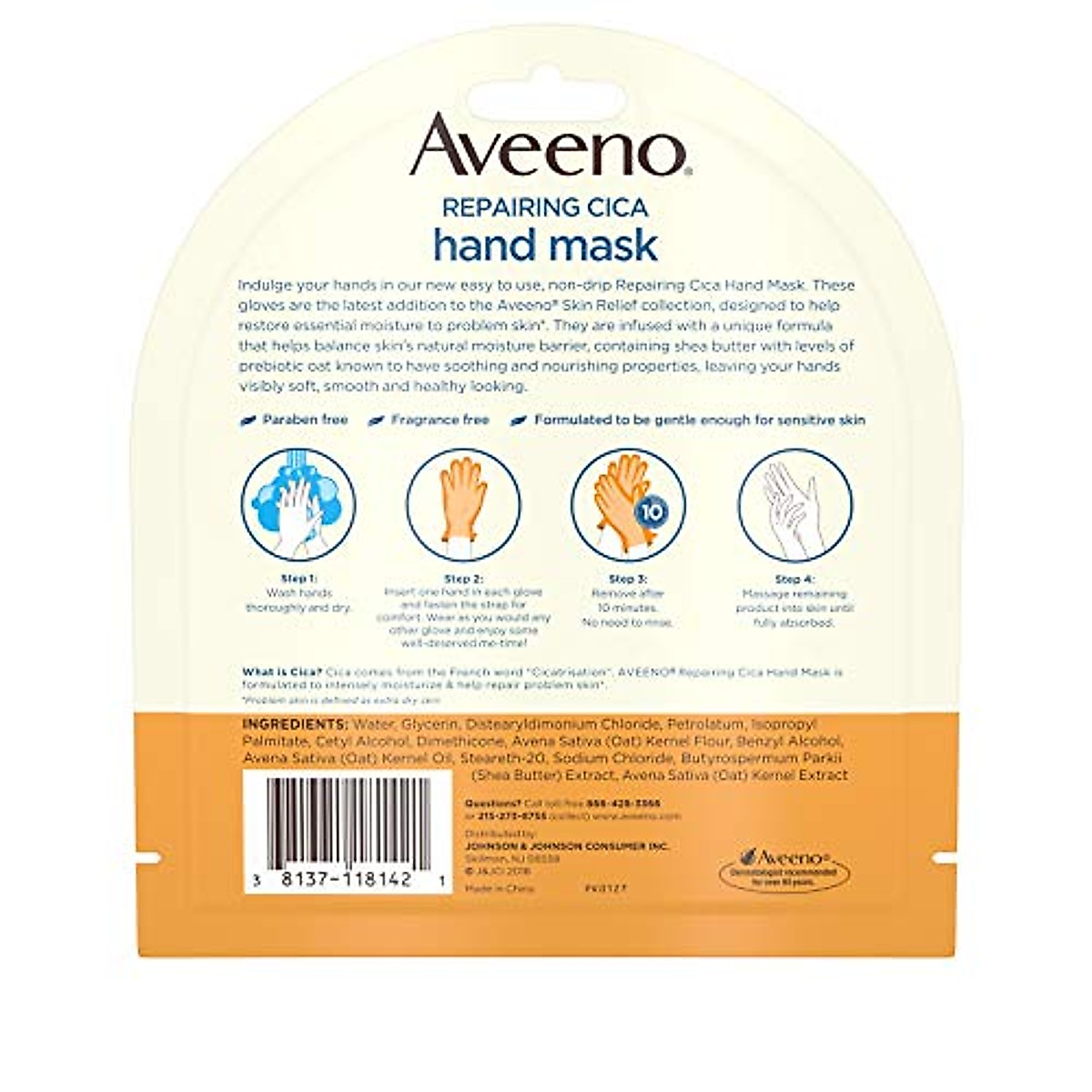 Aveeno Repairing CICA Hand Mask with Prebiotic Oat and Shea Butter for Extra Dry Skin, Paraben and Fragrance Free, 1 Pair of Single Use Gloves