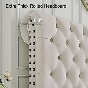 Jocisland King Size Upholstered Bed Frame and Headboard Sleigh PlatformTufted Bed/Cream