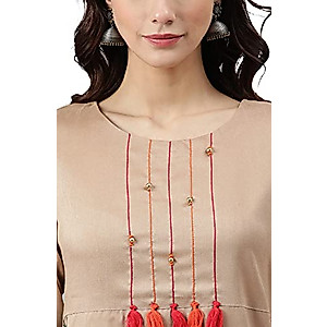 Janasya Indian Women's Tunic Tops Poly Silk Kurti for Women(JNE2305-KR-533-S) Brown