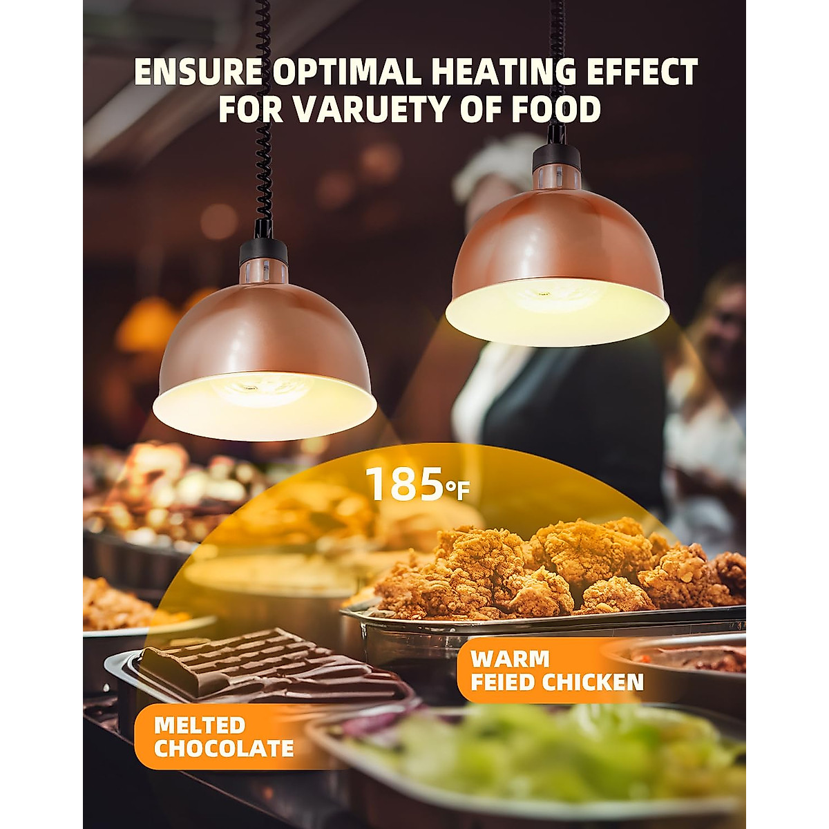 Hanging Food Heat Lamp: Commercial Food Warmer Hanging Heating Lamps with Infrared Bulb Warming Lamp for Food Service Restaurant Buffet, Height Adjustable (Dia.29cm/11.4in), Painted Copper
