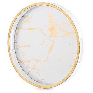 Hanobe Round Decorative Coffee Tray: Marble Pattern Serving Circle Tray with Handles Coffee Table Trays for Living Room Bar Drink Party Home Kitchen, White