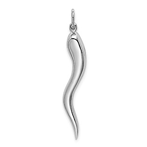 14k White Gold Solid 3-Dimensional Large Cornicello Italian Horn Protection Charm Pendant - 40mm x 5mm