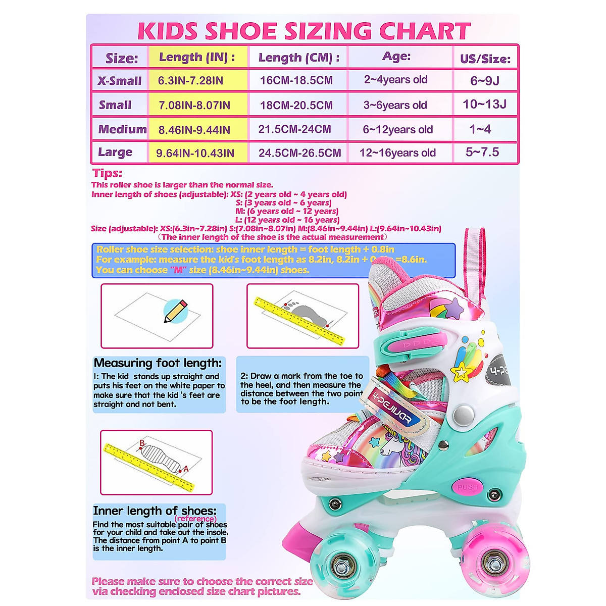 Rainbow Unicorn Kids Roller Skates for Girls Boys Toddler Ages 3-6,4-Pejiijar Adjustable Roller Shoes with Luminous Wheels for Birthday Xmas Gifts (Green, Small(10-13J))