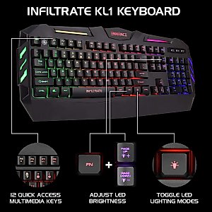 ENHANCE Infiltrate KL1 LED Gaming Keyboard - Multi Color Backlit Keyboard with 2 Lighting Modes, Spill Resistant Design, USB Braided Cable - 19 Key Rollover, Anti-Ghosting, & Multimedia Keys