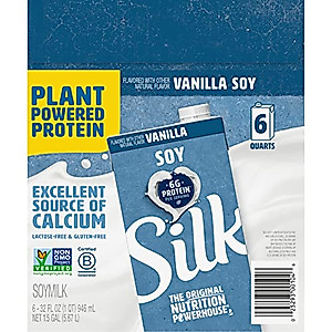 Silk Shelf-Stable Soy Milk, Vanilla, Dairy-Free, Vegan, Non-GMO Project Verified, 1 Quart (Pack of 6)