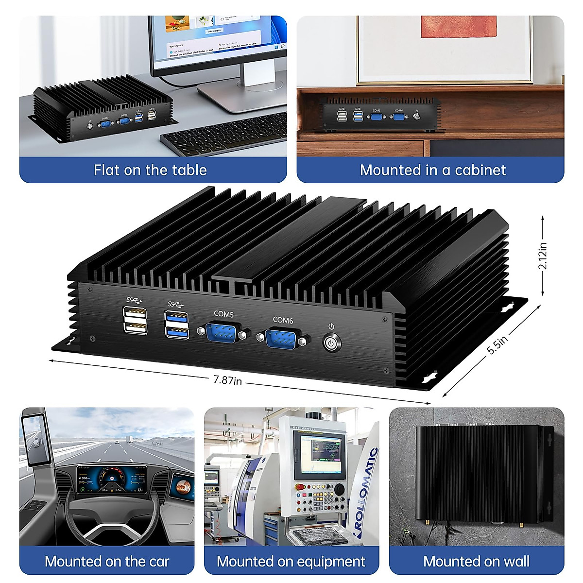 Kinupute Fanless Mini PC, Industrial Desktop Computer Core i5-4200U 1.6-2.6GHz, Windows 10 Pro, 8GB RAM, 128GB SSD, 2xNICs, 6xCOM RS232, 4xUSB 3.0, HDMI/VGA Port, Auto Power On, Metal Case