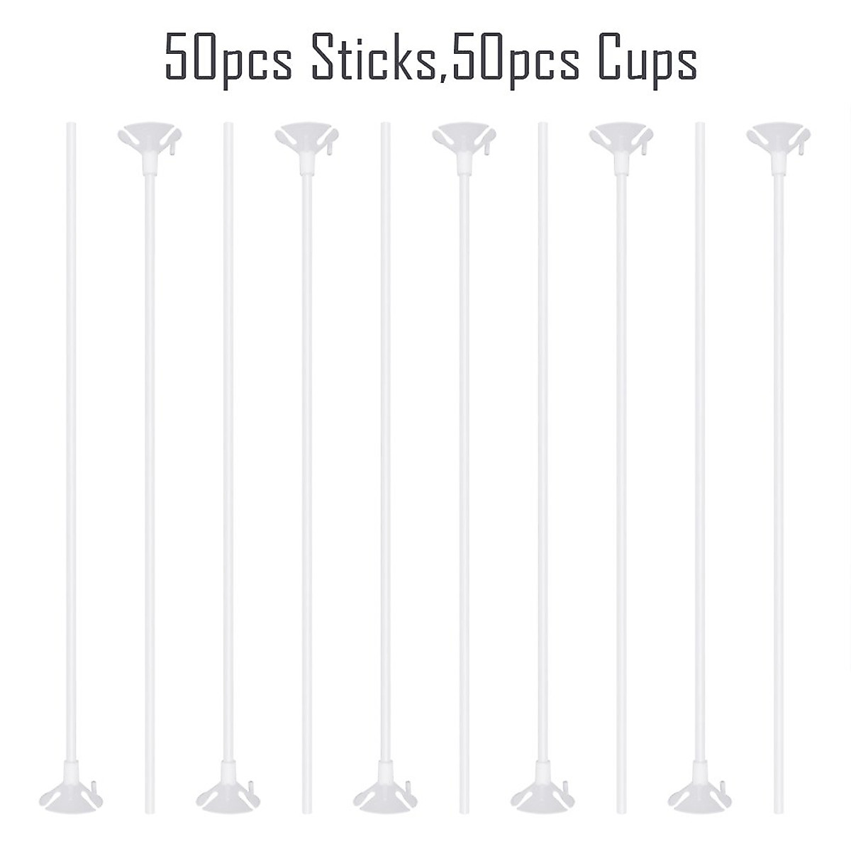 Pllieay 50 Pieces Plastic White Balloon Sticks with Cups for Party, Valentine's Day, Wedding, Anniversary Decoration