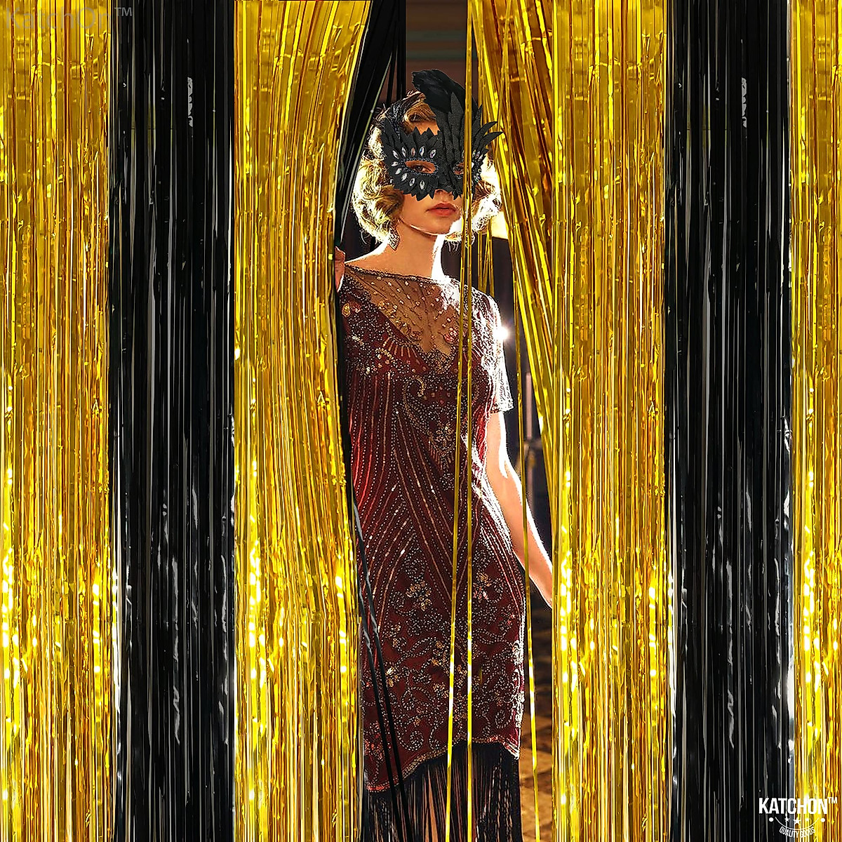 KatchOn, Xtralarge Black and Gold Streamers - 8x3.2 Feet, Pack of 2 | Black and Gold Fringe Curtain for Black and Gold Party Decorations | Black and Gold Backdrop, Graduation Decorations 2024