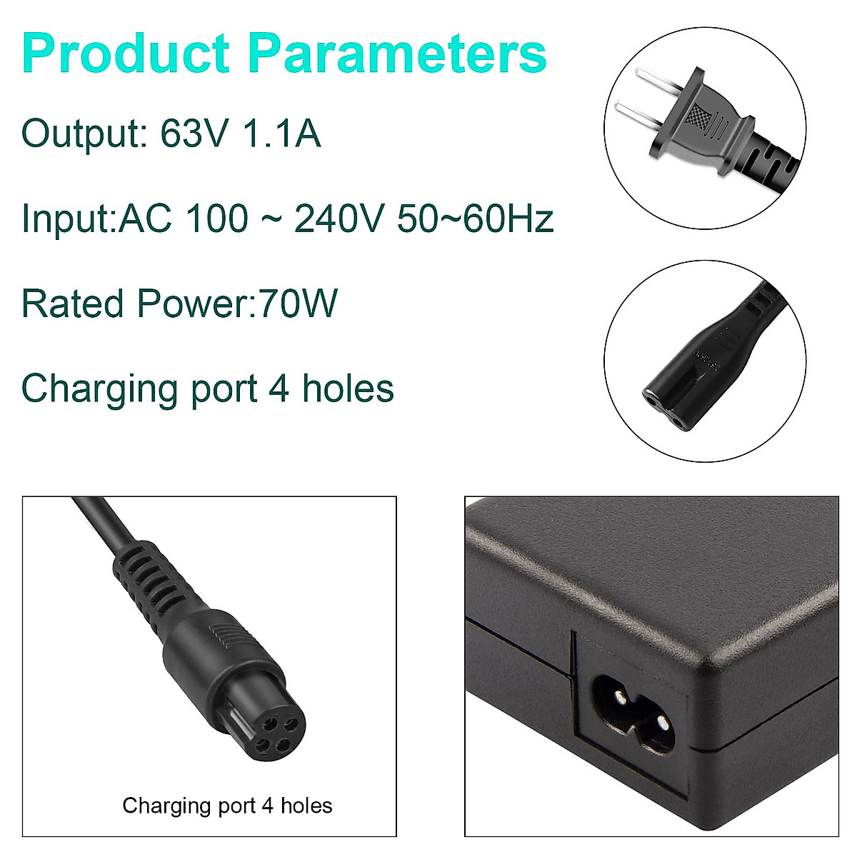 63V 4 Prong Charger for Ninebot S (Not for S-Plus) / Mini PRO/Mini lite / L8 / One A1/ One S2/ S-MAX, N3M240, GoKart Kit, Gokart PRO, 4-Pin fits for Segway Ninebot Charger