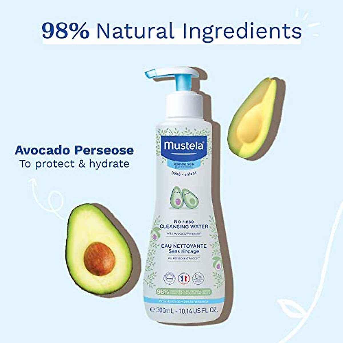 Mustela Baby Cleansing Water - No-Rinse Micellar Water - with Natural Avocado & Aloe Vera - for Baby's Face, Body & Diaper â€“ 10.14 fl. oz. (Pack of 1)