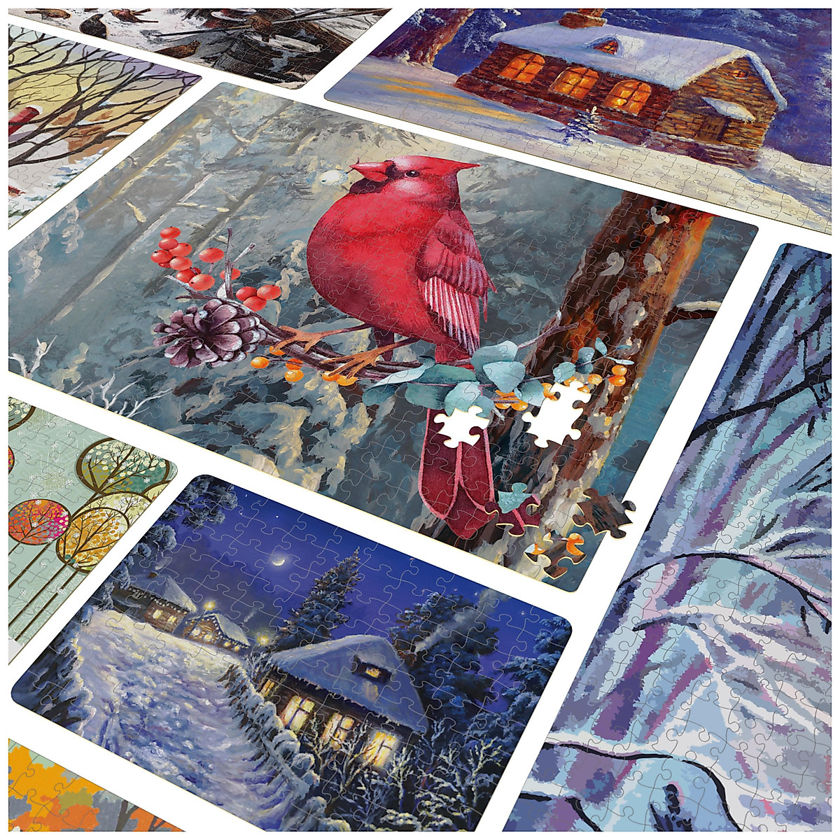 24 Jigsaw Puzzle Bundle, Holiday Winter Snow Illustration Landscape, 1000, 500, 300, 100, 48, 24 Pieces, for Kids and Adults Ages 8 and up
