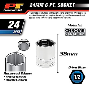 Performance Tool W32224 1/2 Drive 24mm 6Point Socket, 1 Pack