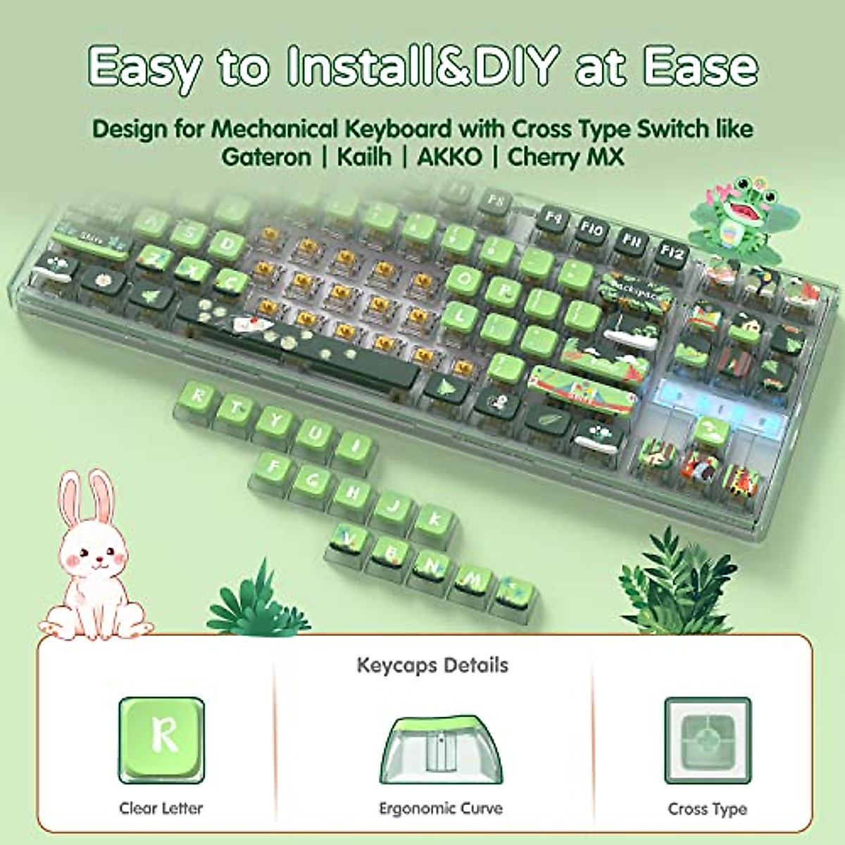 120 Key PBT Pudding Keycap Set ASA Profile with Transluscent PC Layer Dye-Sub Jungle Theme for 61/68/84/98/100/104Key TKL Cherry MX Gateron Kailh Cross Type Switch ANSI Mechanical Keyboard DIY(Green)