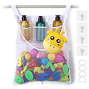 Baby Bathtub Toy Storage Mesh Bath Toy Organizer with Zipper Extra Large Opening Three Pocket with 4 Self-Adhesive Hooks and 4 D-Rings,Multi-Use Home Storage Bag Christmas Storage(1 Large, White)