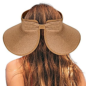 Women's Sun Visor Hats Wide Brim Straw Beach Hat Ponytail Hats for Women Foldable Floppy
