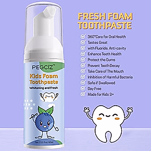 Foam Toothpaste Kids, Children Whitening Toothpaste with Low Fluoride & Natural Formula to Reduce Plaque, Toddler Foaming Toothpaste for U Shaped Toothbrush for Kids Ages 3 and Up (Blueberry)