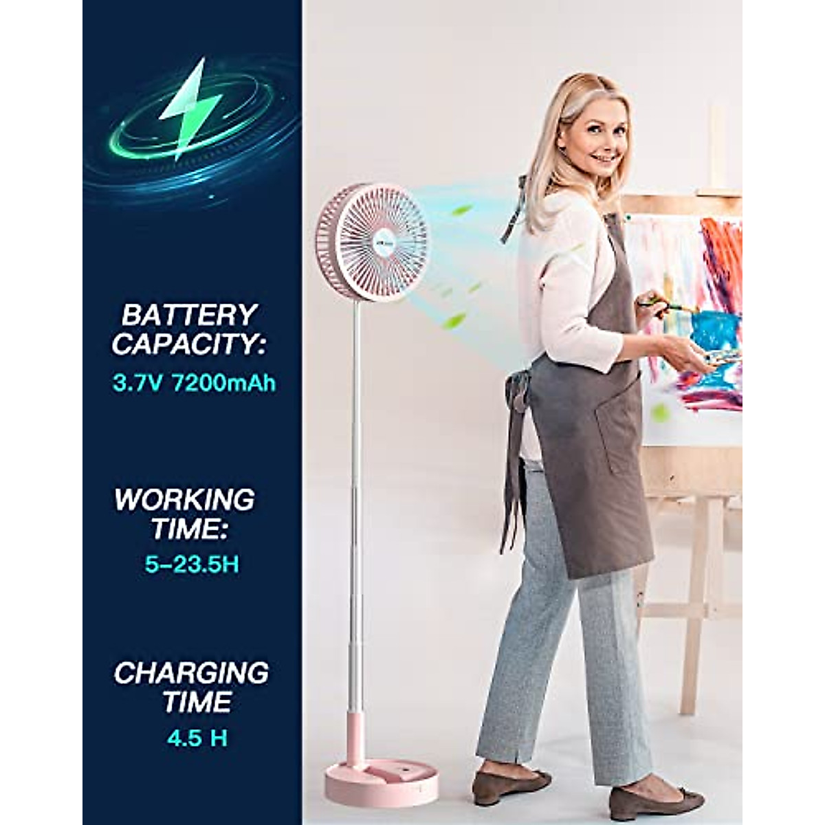 AICase Stand Fan,Folding Portable Telescopic Floor/USB Desk Fan with 7200mAh Rechargeable Battery,4 Speeds Super Quiet Adjustable Height and Head Great for Office Home Outdoor Camping-pink