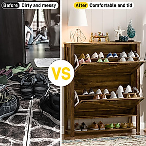 Shoe Storage Cabinet with 2 Flip Drawers, Farmhouse Shoe Cabinet for Entryway, Wood Narrow Shoe Rack Cabinet with Open Storage Rack, Shoe Organizer Cabinet with Metal Handles, Rustic Brown