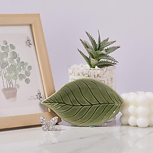 LZBALUYO Jewelry Dish Trinket Tray for Women, Ring Dish Holder, Unique Leaf Shape Ceramic Plate Cute Things Vanity Aesthetic Room Decor Mother's Day Birthday Christmas Warm House Gifts (Green)