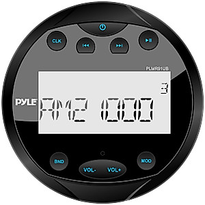 Pyle Round Waterproof Marine Stereo - 4x28 W Aquatic Boat In Dash Gauge Radio Receiver System with Bluetooth, AM FM, Digital LCD, USB, AUX, RCA - Includes Wiring Harness, Bracket - PLMR91UB (Black)