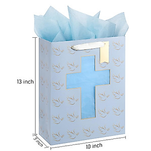 Sawnfay Blue Gift Bag - 10" x 5" x 13", for Baby Boy Baptism, Christening, First Communion, Religious Events, with Cross cut window Design and Tissue Paper