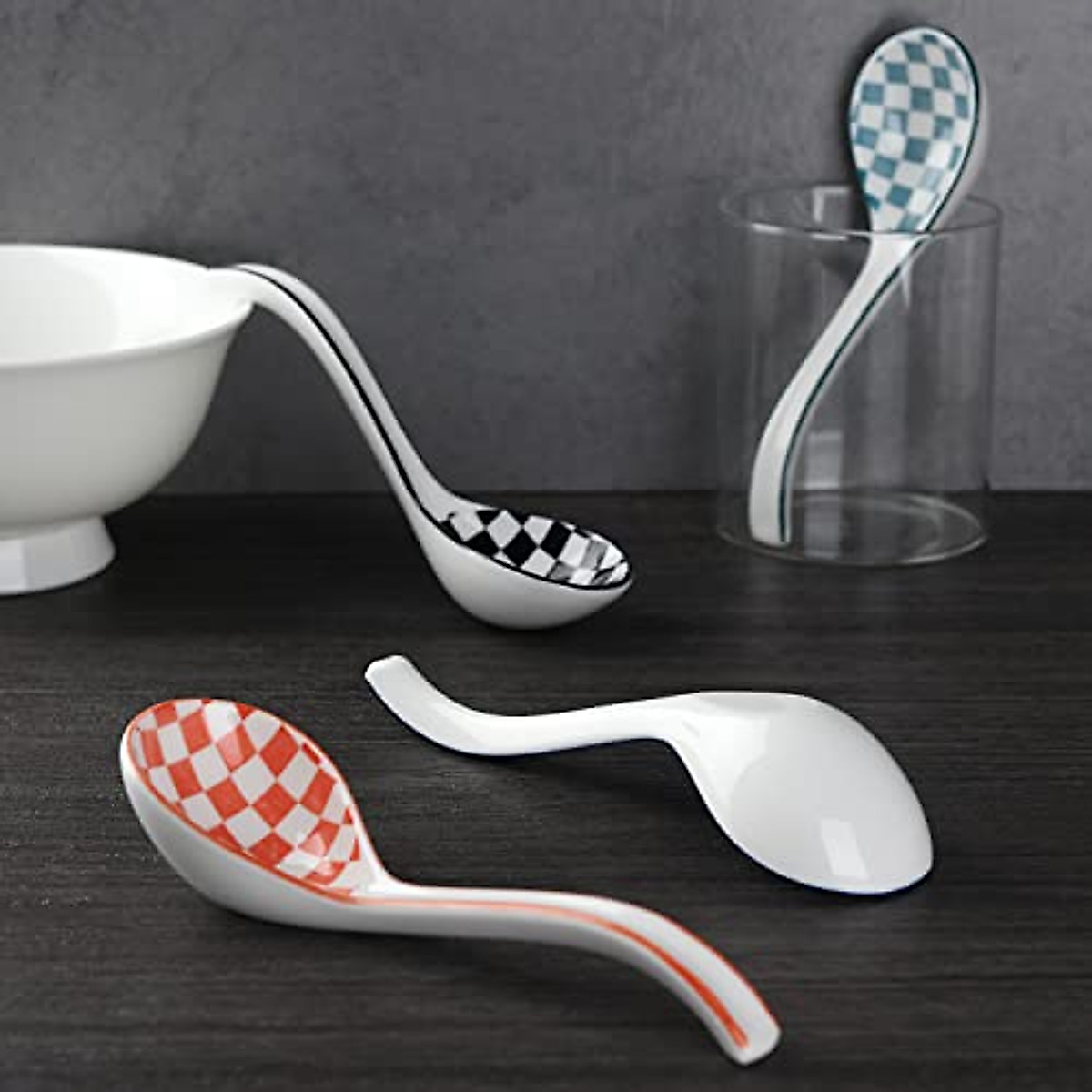 Porcelain Soup Spoons Asian Soup Spoon Set of 4 Large Chinese Soup Spoon Curved Handle Korean Ramen Spoons for Pho Ramen Noodles Wonton Dumpling Rice (Model 3#)