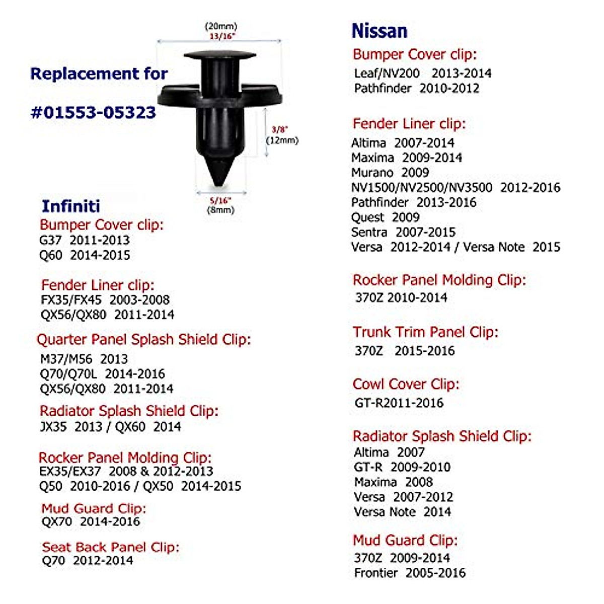 Dr.Roc Replacement for Push Type Retainer Fender Liner Bumper Cover Fasteners Rivets Clips Nissan Infiniti 0155309321 0155305323 0155309241 with Fastener Remover