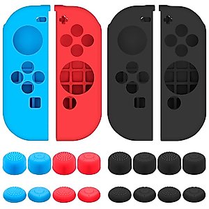 Protective Case Compatible with Nintendo Switch Joy-Con Controller with Thumb Caps, SENHAI 2 Pack Anti-Slip Silicone Grips Covers with 16 Thumb Stick Pads - Black, Blue + Red