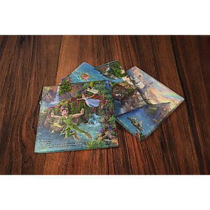 Disney Peter Pan Glass Coaster Set Decor - Thomas Kinkade - Comes with Stylish Modern Wooden Holder