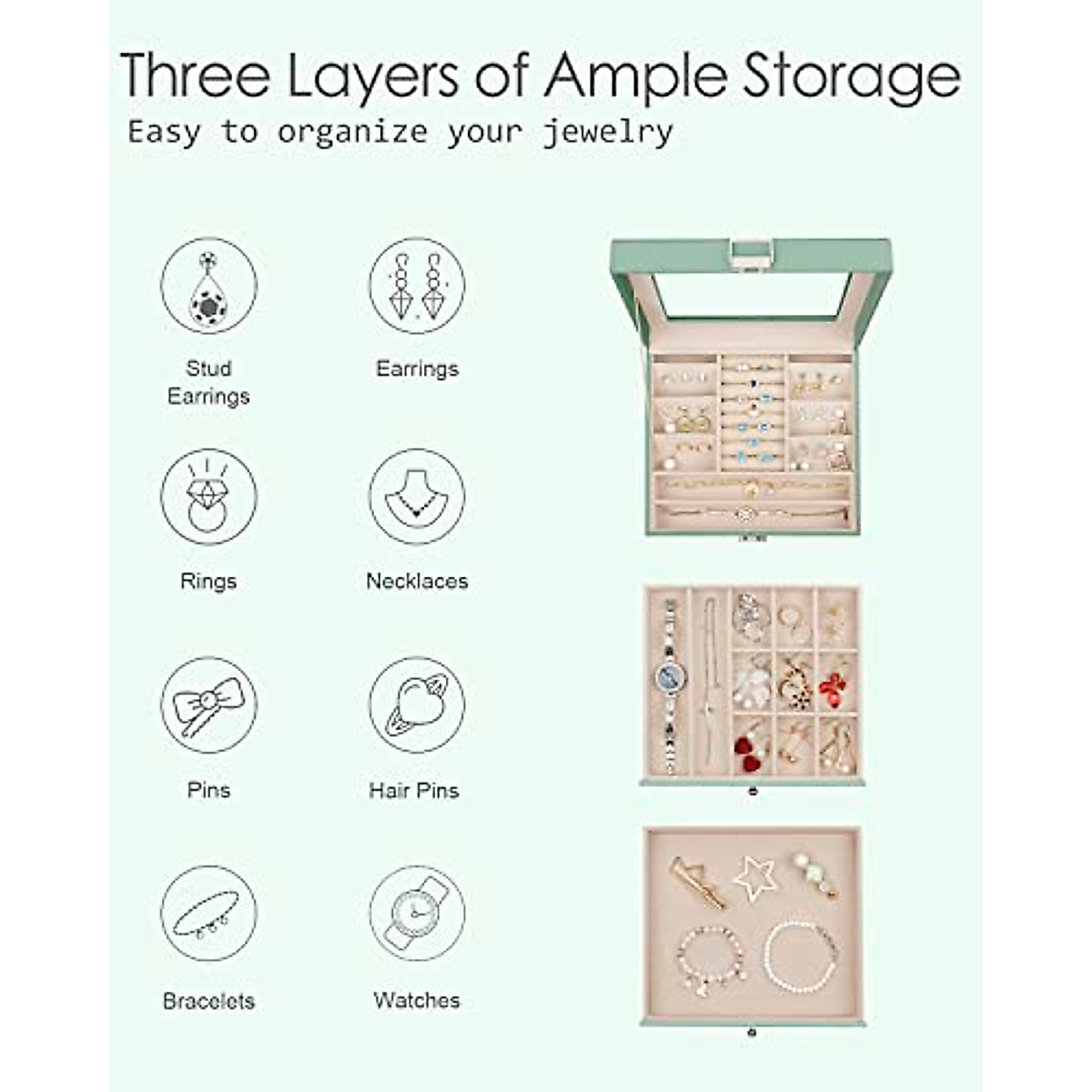 Jewelry Box for Women, Jewerly Case with 2 Drawers, Leather Design Lockable Jewelry Case with, for Necklaces, Earrings, Rings, Bracelet, Gift for Loved Women