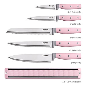 hecef Kitchen Knife Set with Magnetic Strip, 6 pcs Professional Knives Set for Kitchen, 13-inch Magnetic Strip Stainless Steel Sharp Chef Knife Set with Pink Handle for Cutting Meat & Vegetable