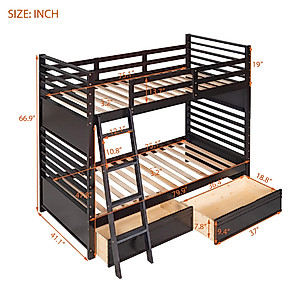 Twin over Twin Bunk Bed with Two Storage Drawers, Solid Wood Bunk Beds with Guardrails and Angle Ladders for Kids Boys Girls Teens, can be Divided into Two Individual Beds (Twin Size, Espresso)