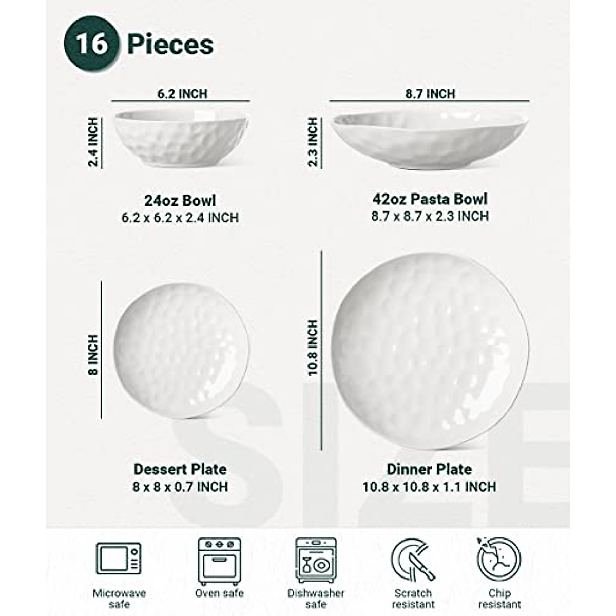 HOMBENE Large Dinnerware Set 16 Piece Service for 4, Plates and Bowls Sets, High-fired at 2372°F, for Dessert Salad and Pasta, Dishes Set w/Cereal Bowls