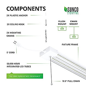 Sunco 10 Pack Linkable LED Utility Shop Light, 4500 LM, Single CCT (2700K), 4 FT, 48 Inch Integrated Fixture for Garage, 40W Equivalent 150W, Surface + Suspension Mount, White