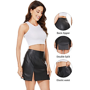 Fahsyee Leather Split Skirt, Black Women Faux Mini Elastic High Waist Plus Size Pencil Aline Bodycon Vegan Stretch Elegant Skirts L