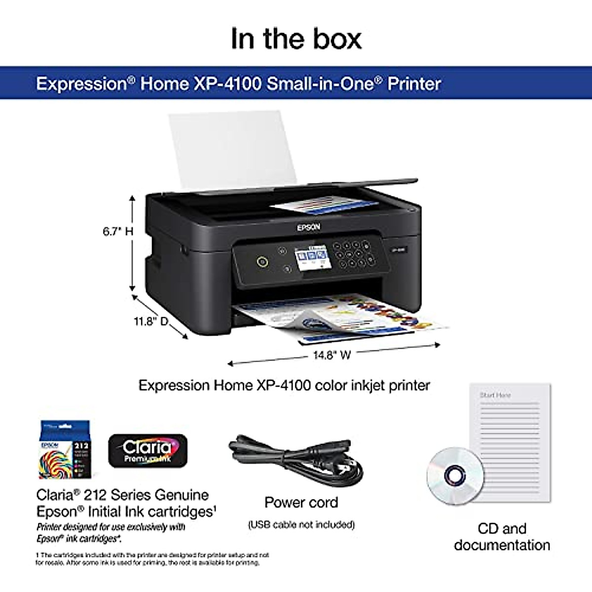 Epson Expression Home XP-4100 All-in-One Wireless Color Inkjet Printer, Black - Print Copy Scan - 10.0 ipm, 5760 x 1440 dpi, 2.4" Color LCD, Auto 2-Sided Printing, Voice-Activated, USB, Wi-Fi Direct