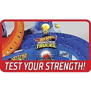 Hot Wheels Monster Trucks T-Rex Volcano Playset with 1:64 Scale Race Ace Toy Truck & 1 Toy Car, Track Set with Dinosaur Nemesis