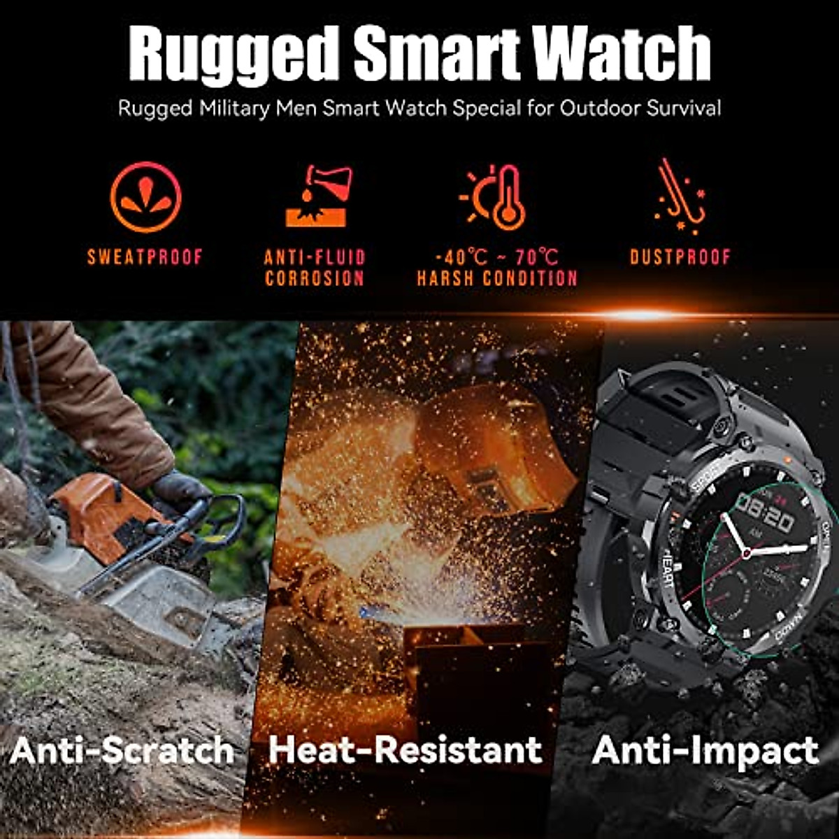 Military Smart Watches for Men Make Call 1.39" HD Big Screen Fitness Tracker Rugged Tactical Smartwatch Compatible with iPhone Samsung Android Phones Heart Rate Sleep Monitor Sports Watch