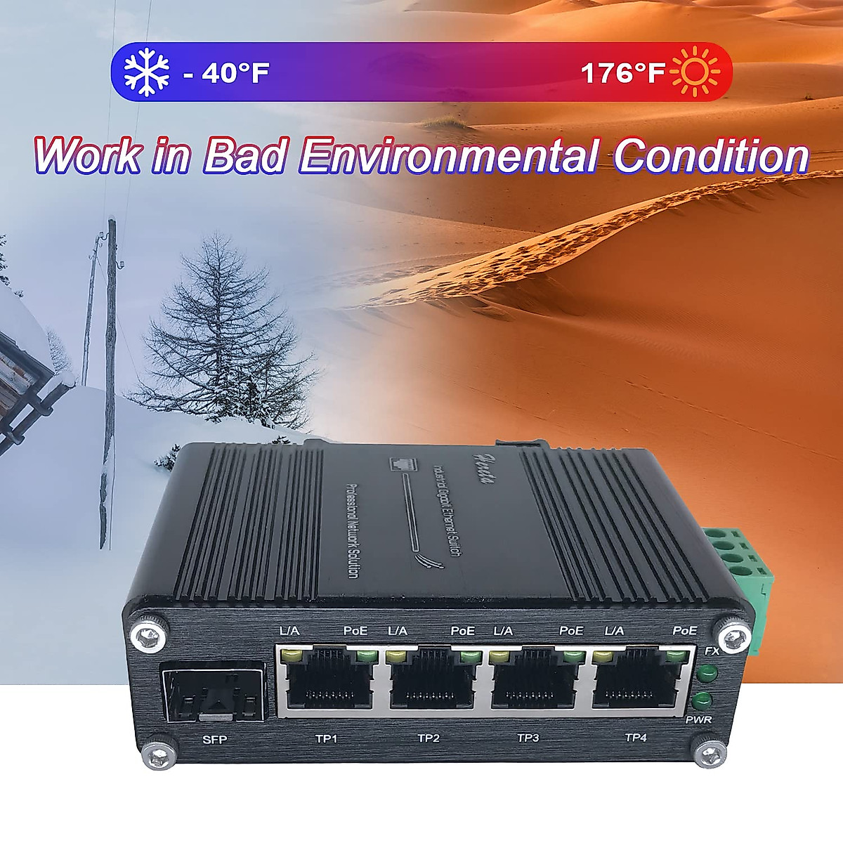 Industrial 5-Port Switch Gigabit PoE+ Ethernet Switch 4 Ports 120W PoE+ Injector 10/100/1000Base-T & 1 Port 100/1000Base-X Dual Rate SFP 12~48VDC Wide Range Power Input