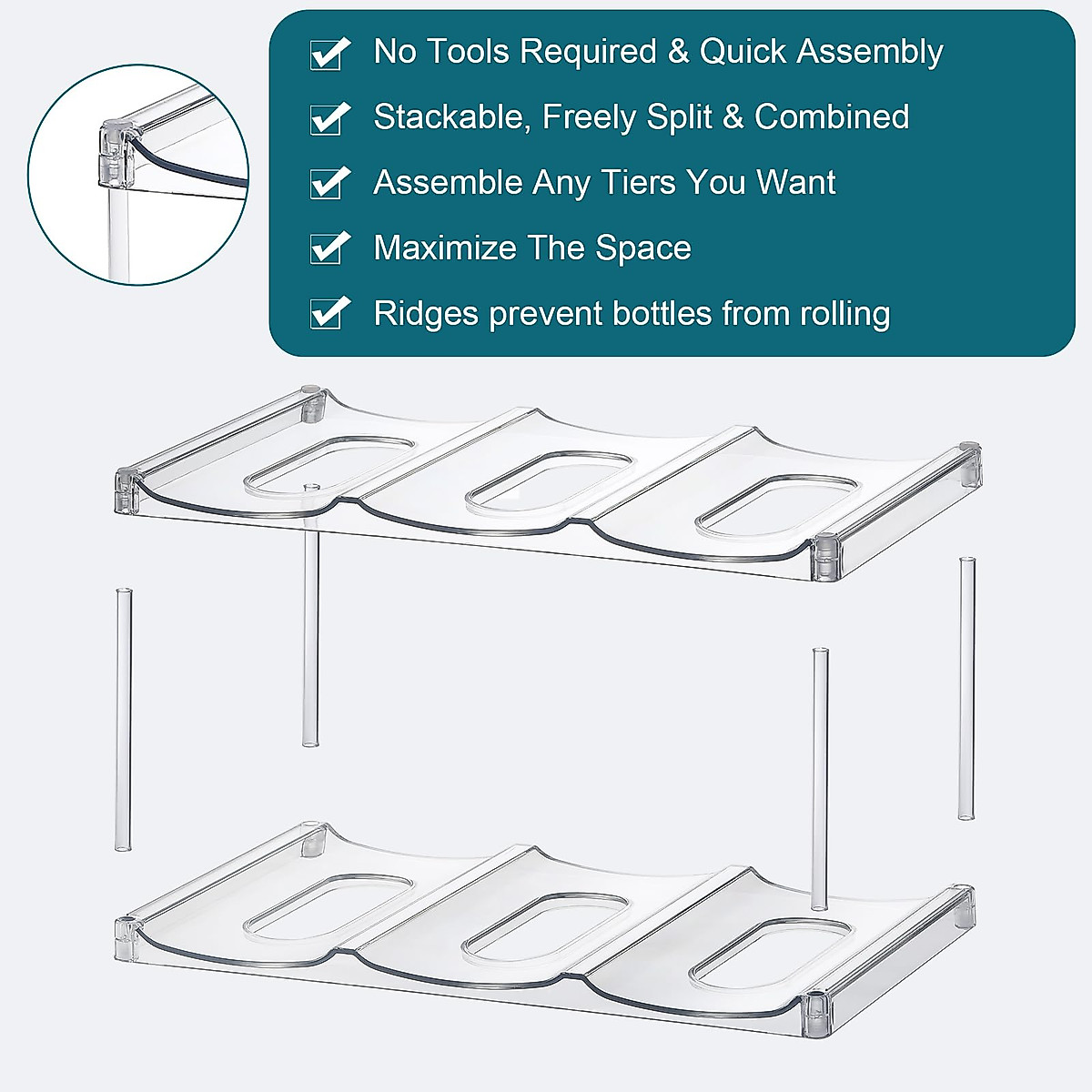 2 Tier Stackable Water Bottle Organizer for Cabinet - Premium Clear Holder for Tumbler, Travel Bottle, Wine Rack Display - Home Kitchen Pantry Refrigerator Organization and Storage - Hold 6 Bottles