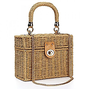 Women Rattan Bag Hand-Woven Rattan Crossbody Bag Straw Woven Bag with Leather Strap Summer Retro Beach Tote for Girls (Square Brown)