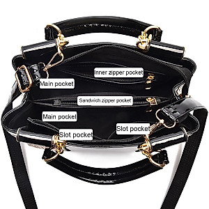 XingChen Women Patent Leather Fashion Handbags Double Sided Sequin Embroidery Shoulder Bag Top Handle Satchel Purse Black