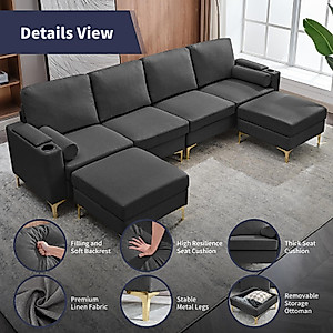 ijuicy U-Shaped Convertible Sectional Sofa Couch,115" Linen Fabric Modular Sofa Set/6 Seater Sofa with Movable Storage Ottomans,Storage Armrest,Pillows and Cup Holders for Living Room(Dark Grey)