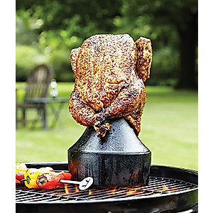 Outset 76633 Cast Iron Beer Can Chicken Stand, Garlic Roaster and Flavor Infuser, Black