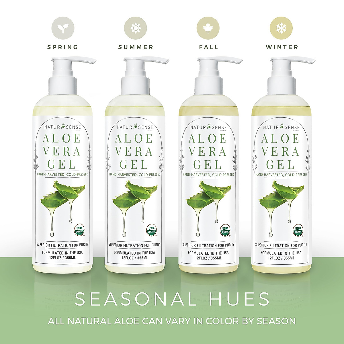 NTRSNS NaturSense Organic Aloe Vera Gel from 100% Pure Aloe. Great for Hair, Scalp, Face, Dry Skin, Acne, Winter Skin, Sunburn, Sensitive Skin. Unscented, USDA Certified, 12 oz.