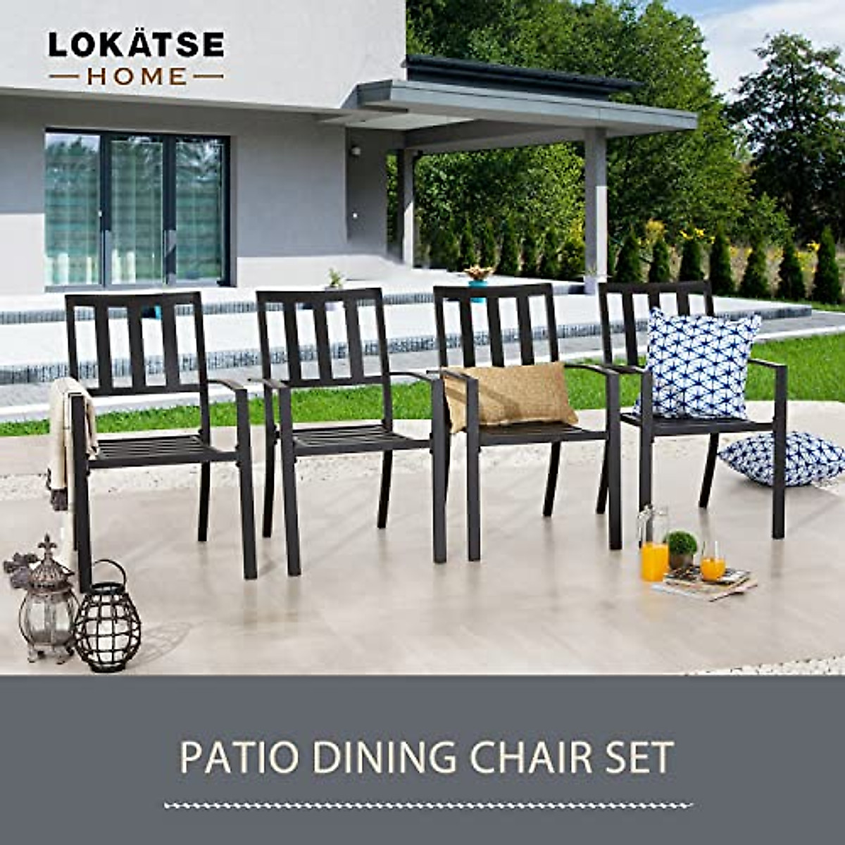 LOKATSE HOME Patio Dining Chairs Set of 4 Metal Armchairs Outdoor Furniture for Poolside, Backyard, Balcony, Garden, Porch, Black