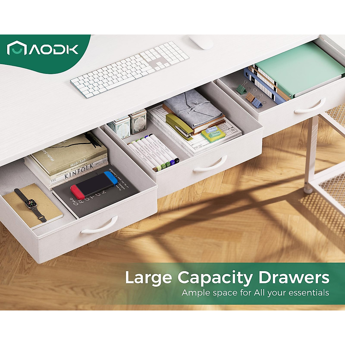 AODK 53 Inch L Shaped Computer Desk with Drawers, Corner Desk with Power Outlets & Reversible Storage Shelves, Movable CPU Stand for Home Office Gaming, White